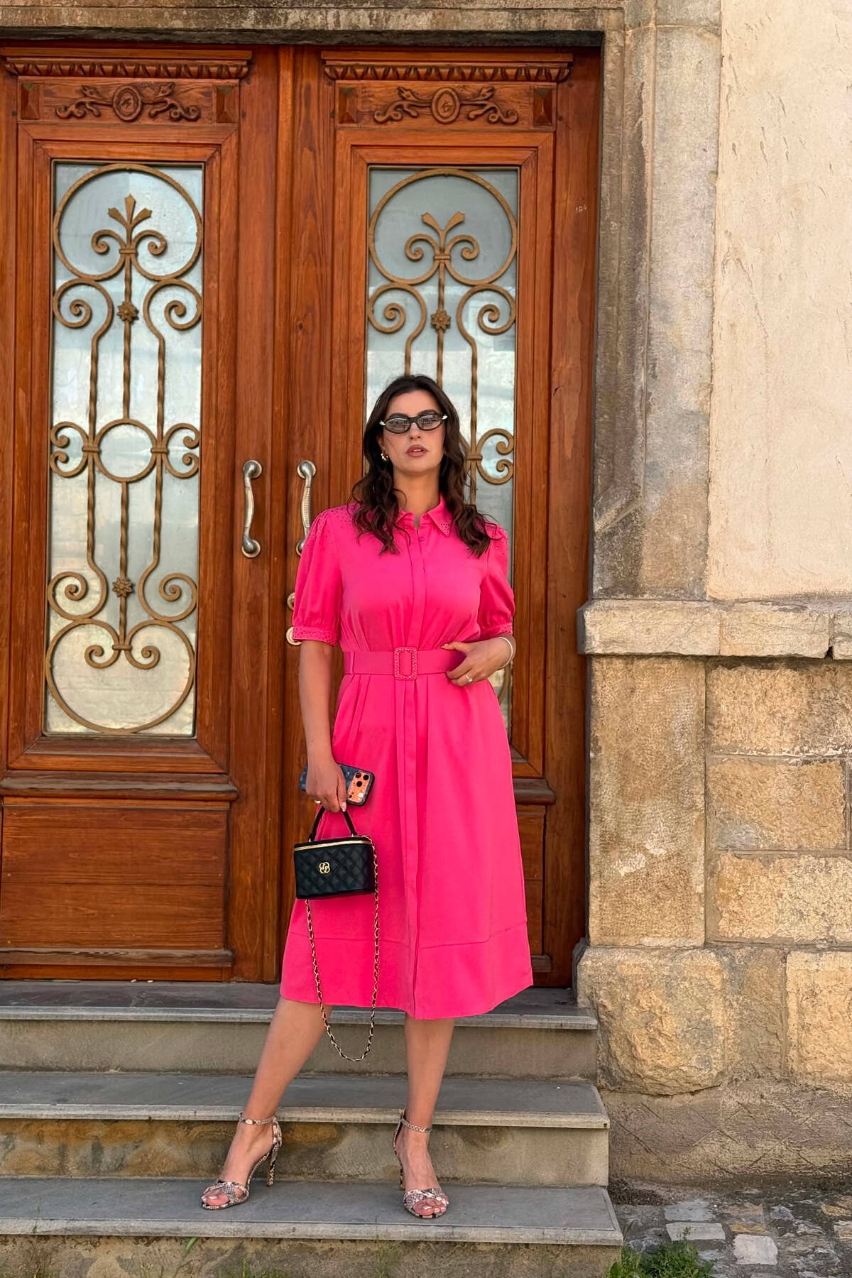 ONE COLOR BELT DETAIL WOMAN DRESS FUCHSIA/CIKLAMI DRESS KLAUDIO FASHION ...