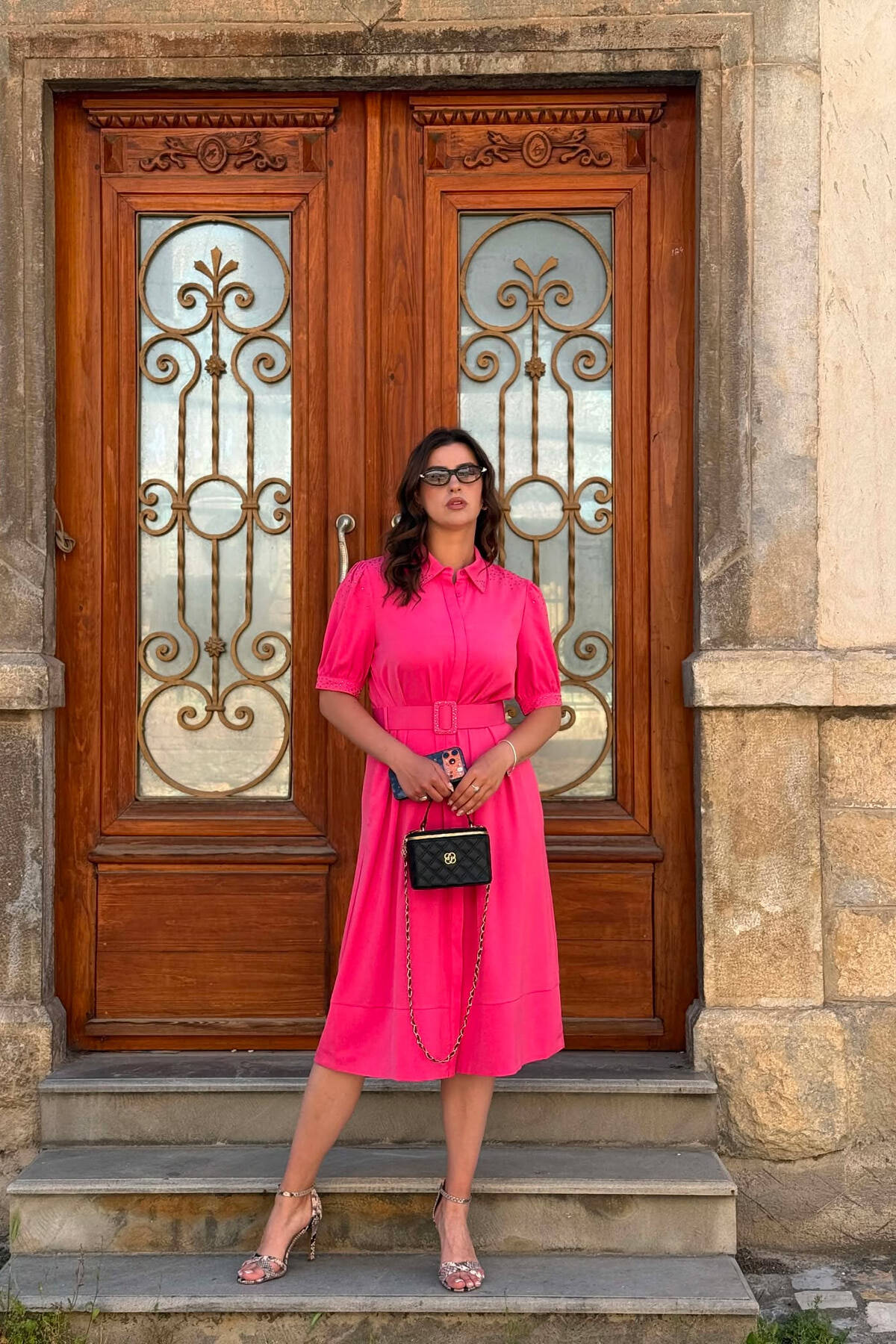 ONE COLOR BELT DETAIL WOMAN DRESS FUCHSIA/CIKLAMI DRESS KLAUDIO FASHION ...