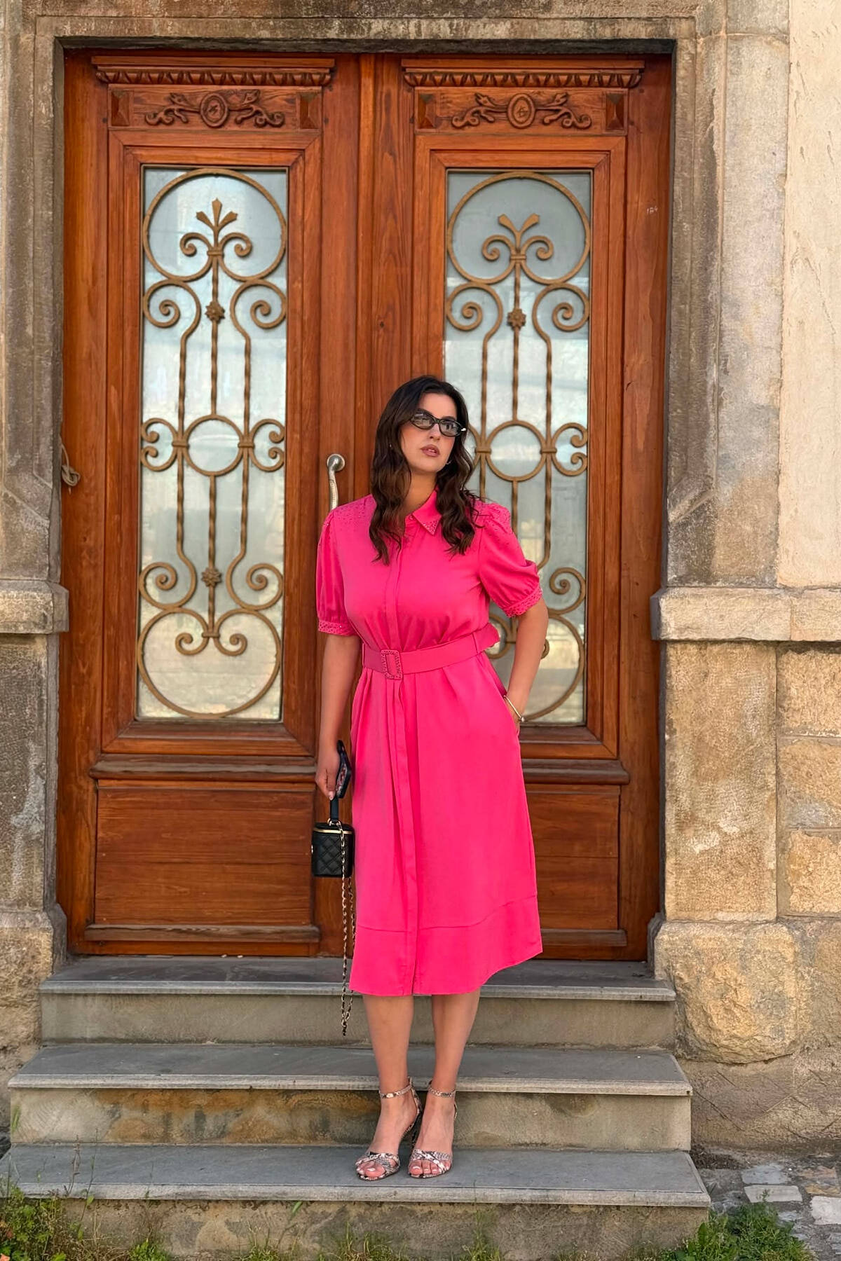 ONE COLOR BELT DETAIL WOMAN DRESS FUCHSIA/CIKLAMI DRESS KLAUDIO FASHION ...